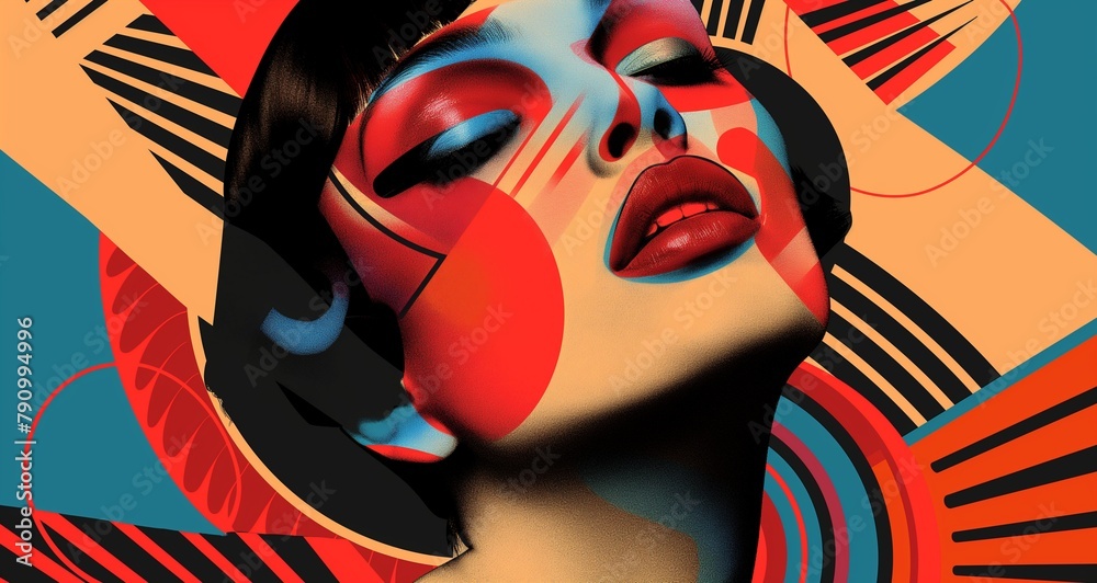 Art Deco influenced poster with bold, geometric patterns and a vibrant ...