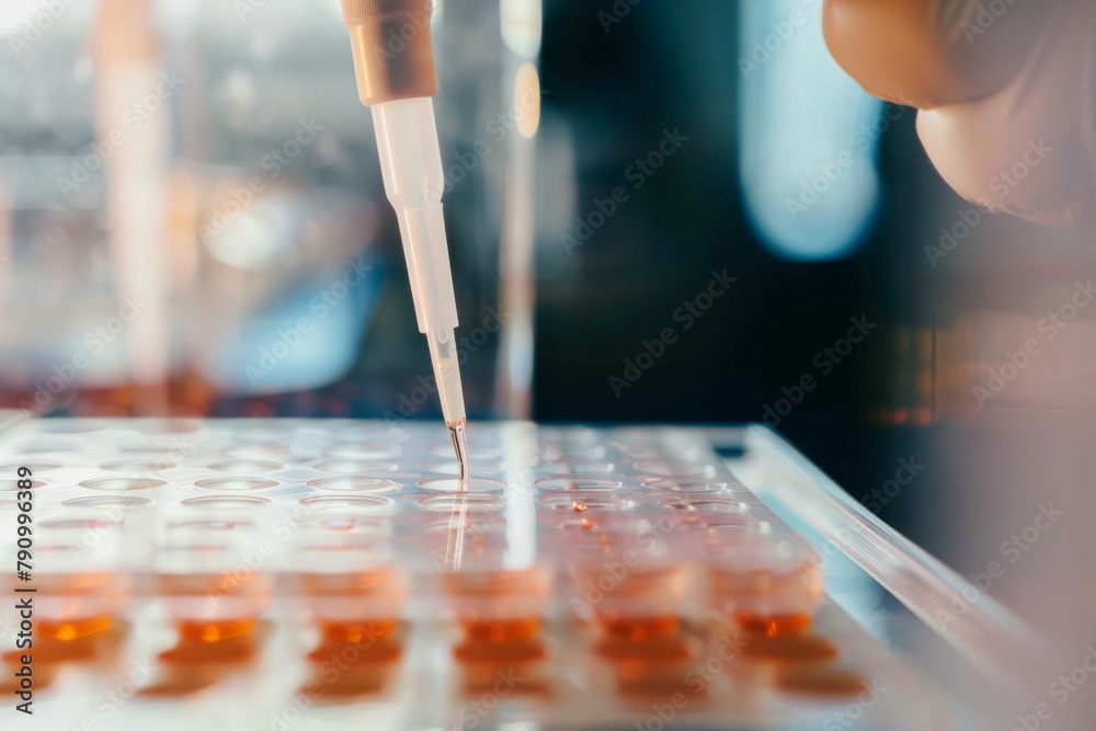Scientist pipetting medical samples into microplate in laboratory Stock ...
