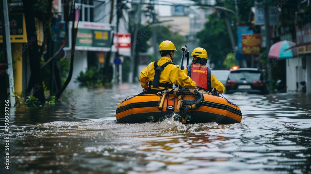 Emergency responders rescuing stranded residents from flooded streets ...