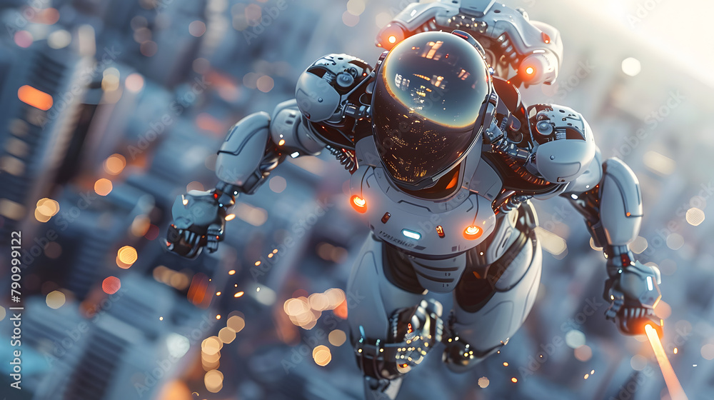 The robot or cyborg woman in the superhero iron suit is flying over a ...