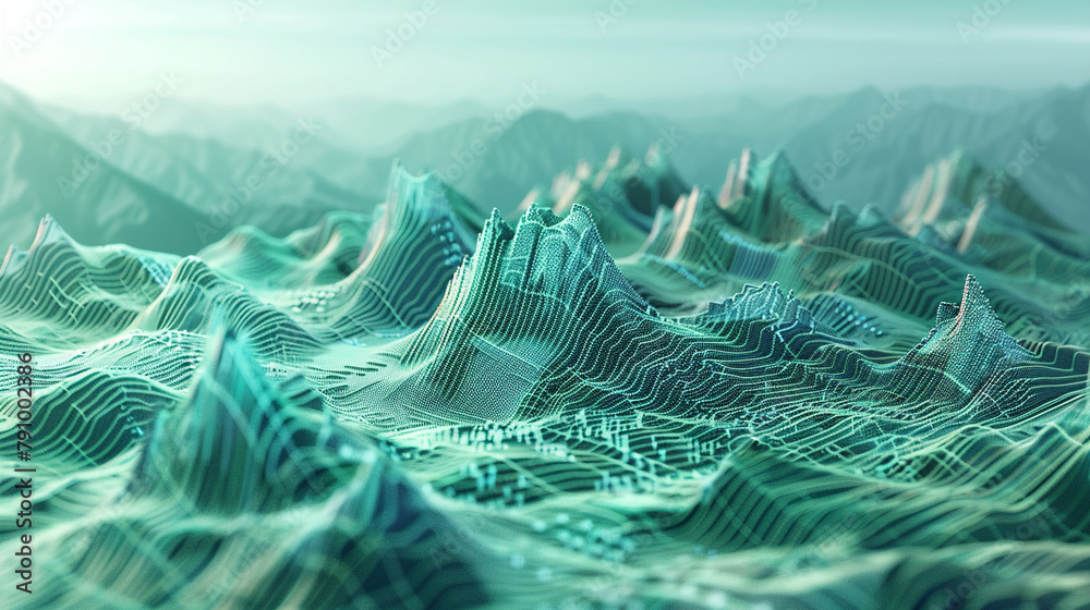 Visualization of a virtual reality landscape, where digital mountains ...