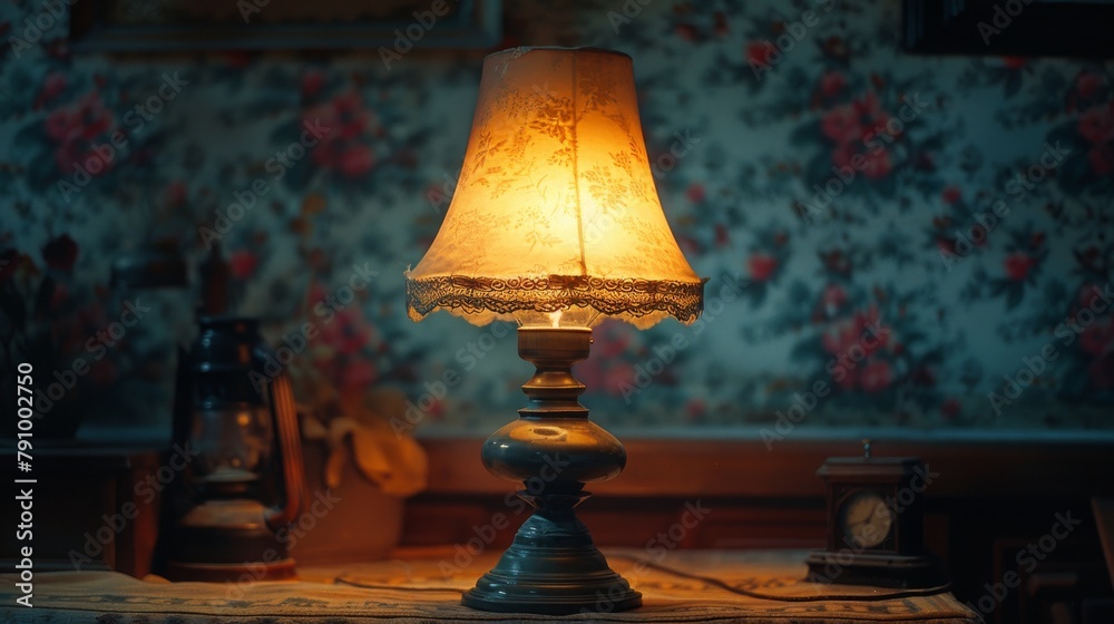 Antique oil lamp glowing warmly on a rustic table by a window with ...