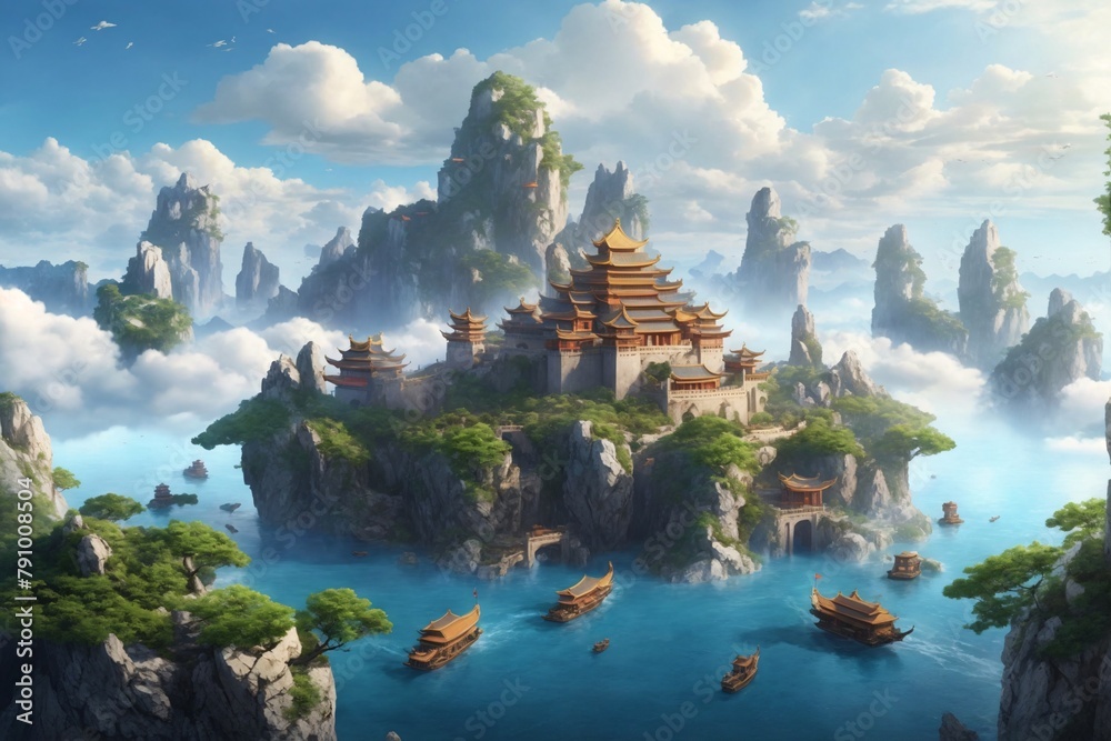 Floating Castle in Clouds, Chinese style Fantasy Castle and islands ...