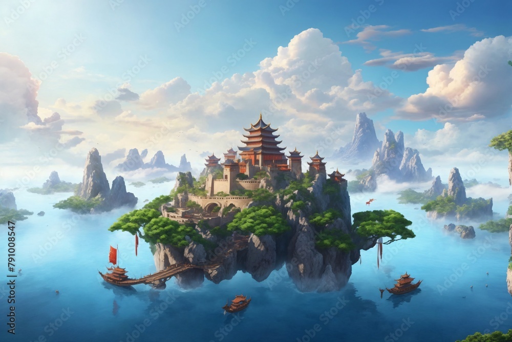 Floating Castle in Clouds, Chinese style Fantasy Castle and islands ...