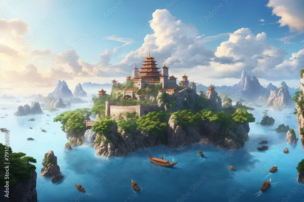 Floating Castle in Clouds, Chinese style Fantasy Castle and islands ...