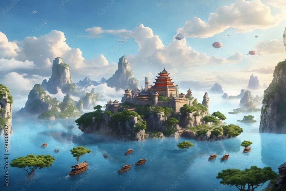 Floating Castle in Clouds, Chinese style Fantasy Castle and islands ...
