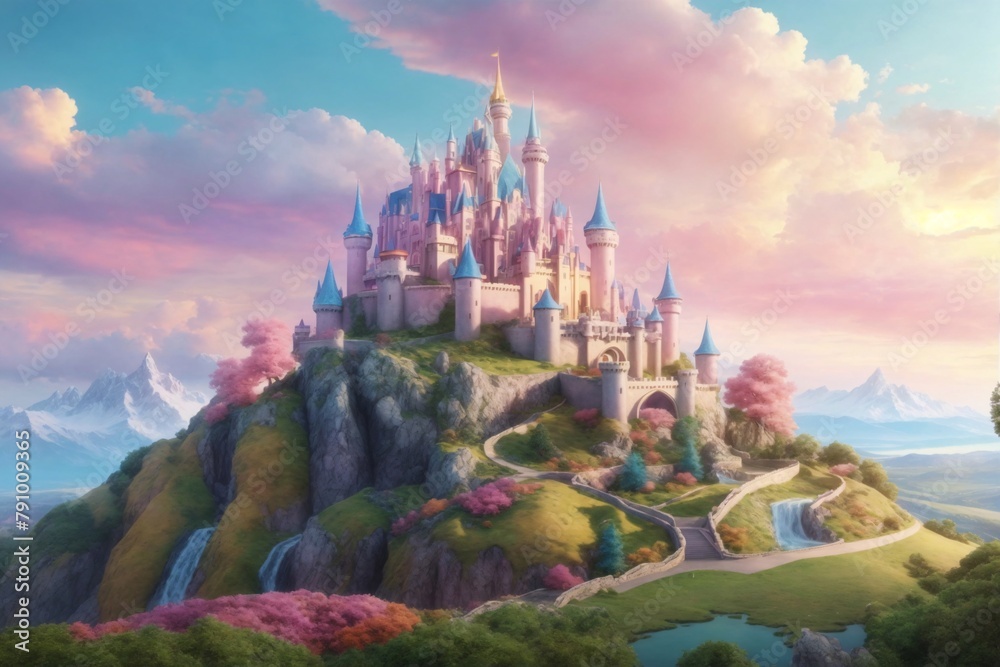 Pastel Fairytale Castle on Hill, Fantasy Castle on Hill landscape ...