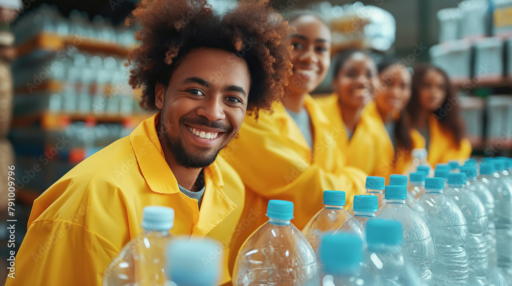 Teamwork at Plastic Recycling Facility. Multi-ethnic group of workers ...