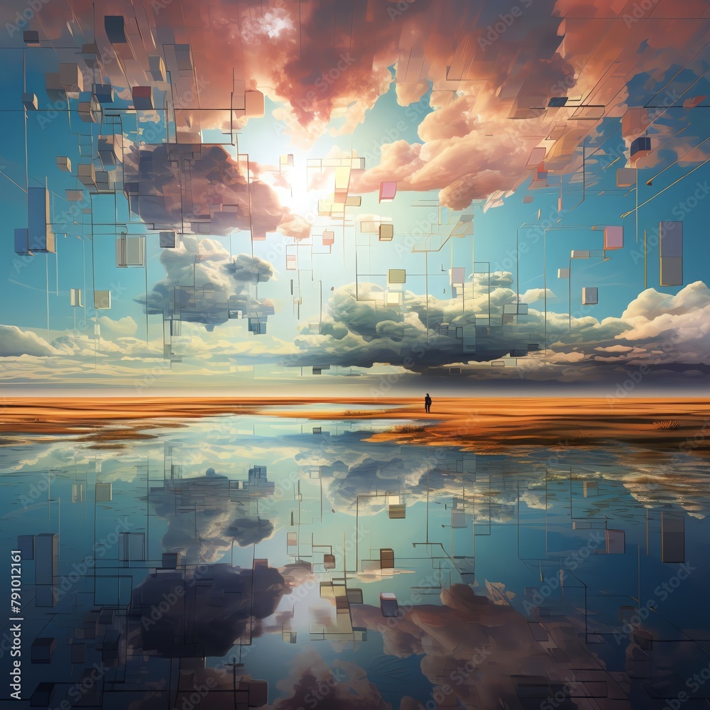 Imaginative scene of Pixelated Clouds hovering over a digital landscape ...