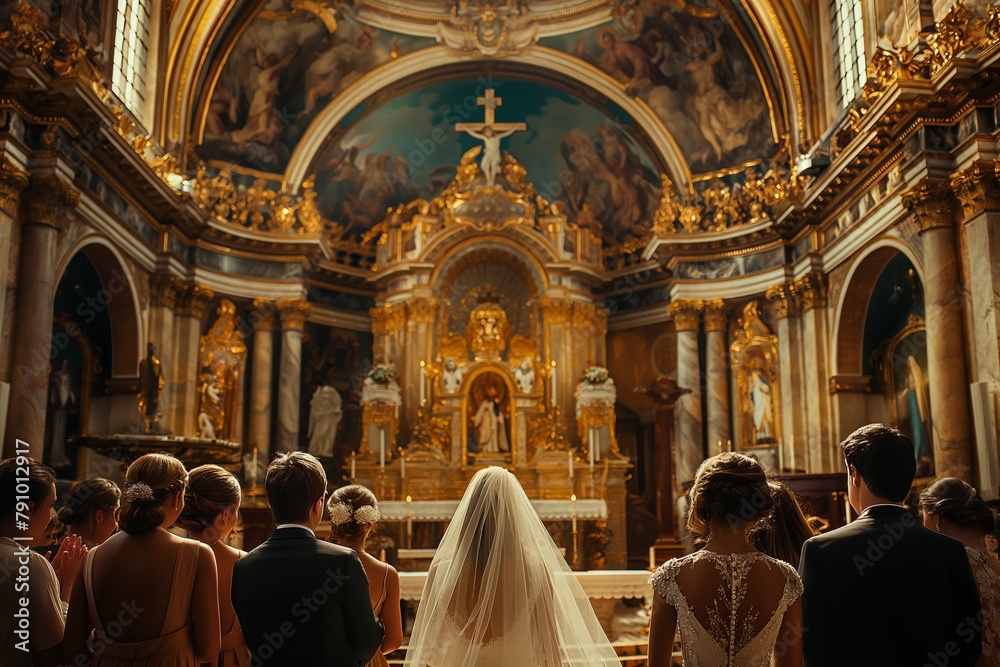 Wedding, priest and couple at the altar for marriage vows in commitment ...