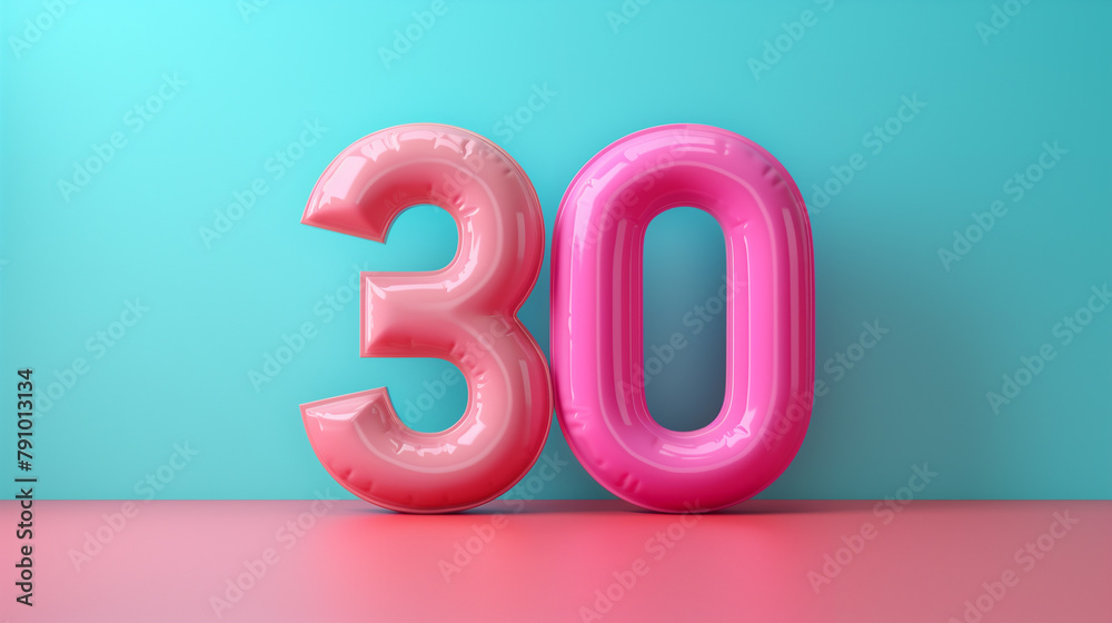 Pink number 30 balloons on a teal background, representing a 30th ...