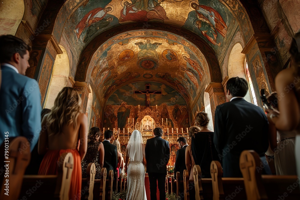Wedding, priest and couple at the altar for marriage vows in commitment ...