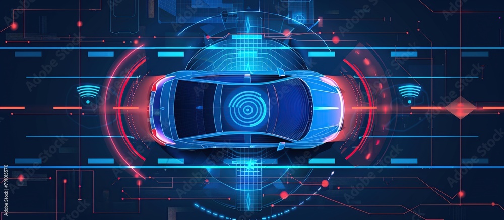 Smart car in autonomous mode on city roads, featuring a HUD and ...