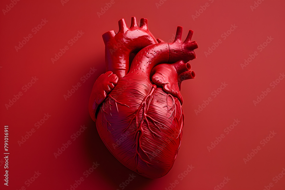 A lifelike silicone heart model used in medical training, centered on a ...