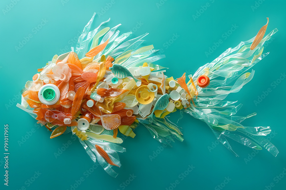 An artistic rendering of a fish made from ocean plastic, set against a ...