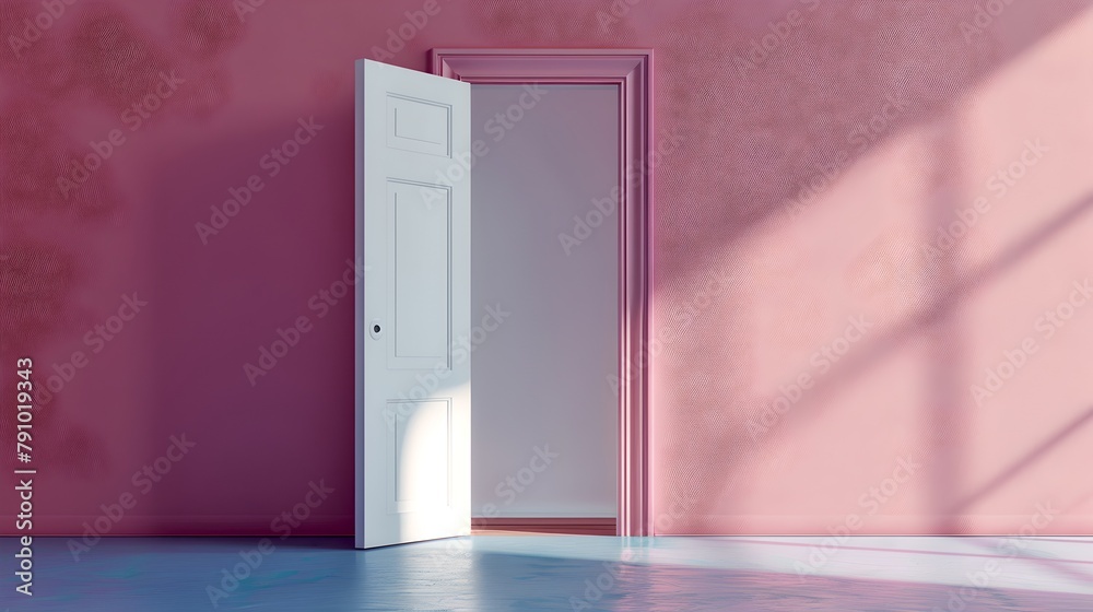 Minimalist white door partially open in a pink wall room. Soft light ...