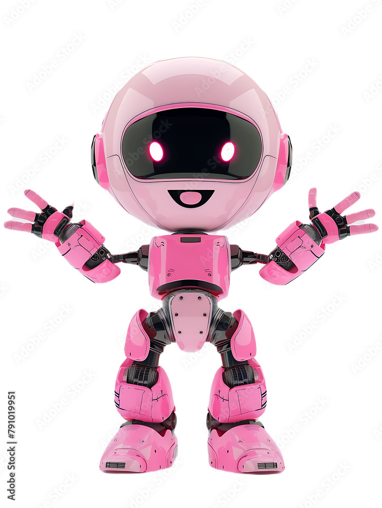 Cute pink Android robot raising hands to greet humans on transparent ...
