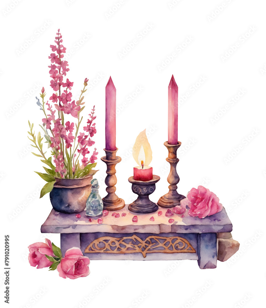 Watercolor illustration of Beltane festival, ritual magic stone altar ...