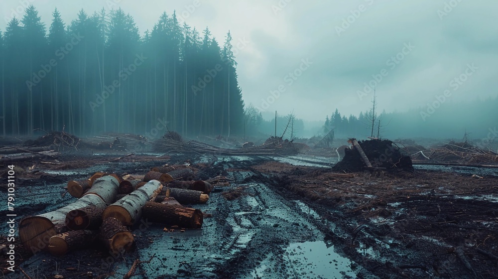 deforested landscape with cut trees and pile wood in the middle, foggy ...