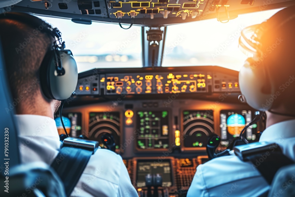 Two pilots flying cockpit aircraft controls travel airlines plane ...