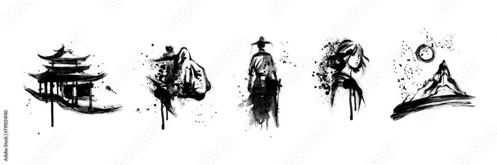 Japanese ink brush stain set, asian vector symbol collection, samurai ...