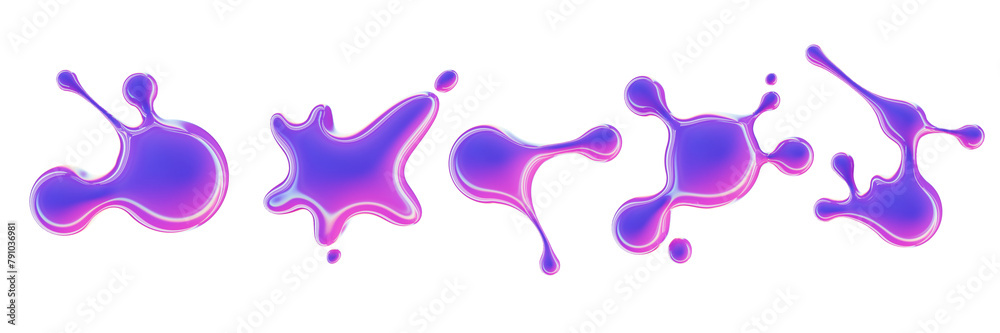 3D liquid shape set, y2k fluid abstract drop forms render, plastic ...