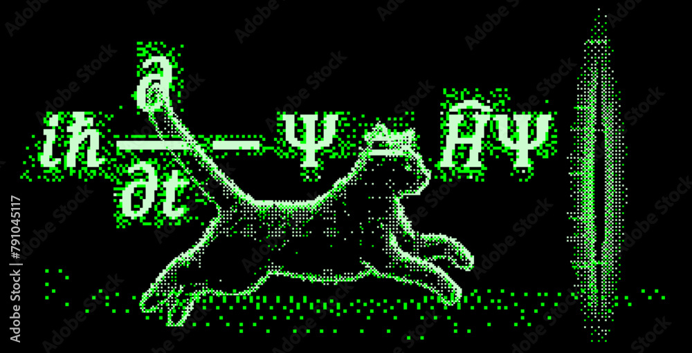 Schrodinger cat and equation in pixel art futuristic style. Conceptual ...