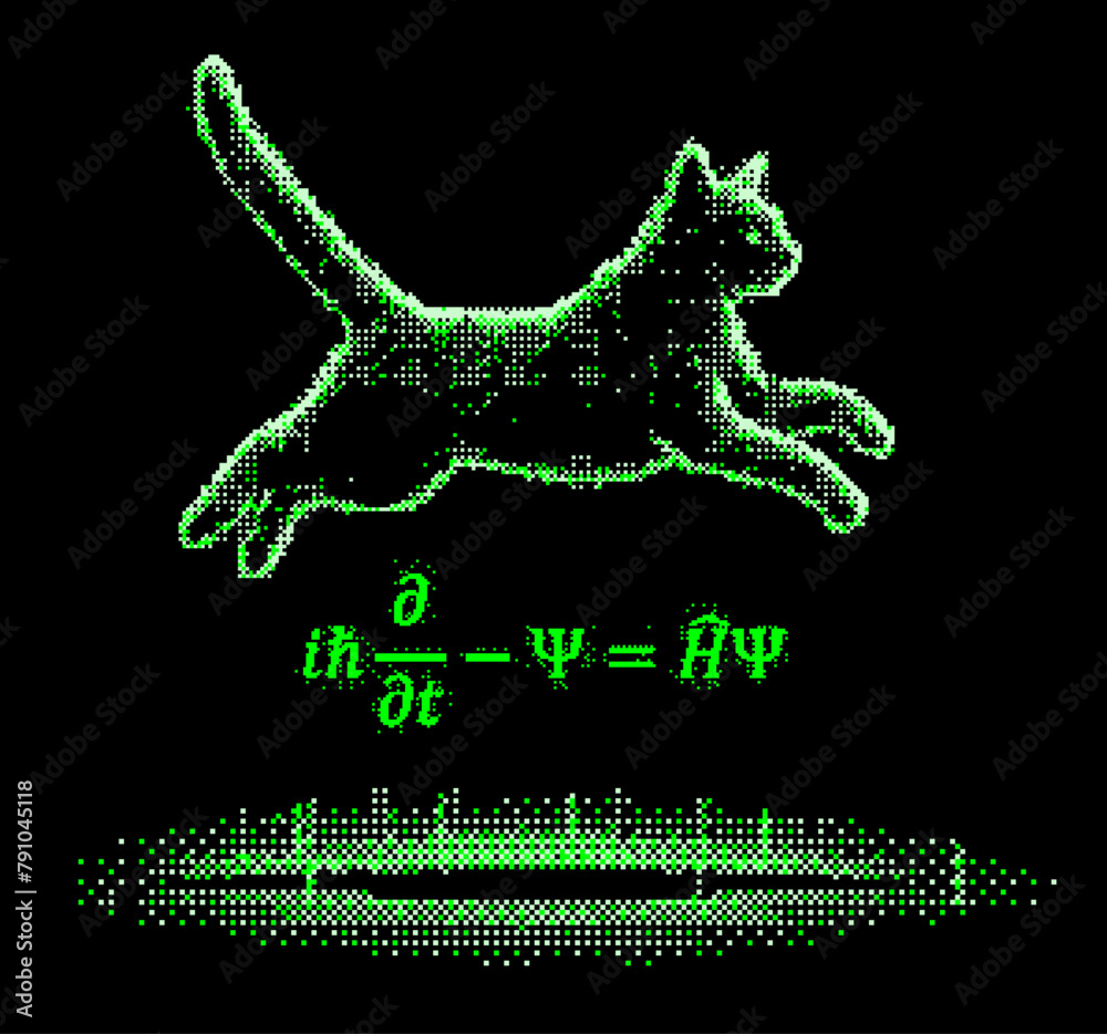 Schrodinger cat and equation in pixel art futuristic style. Conceptual ...