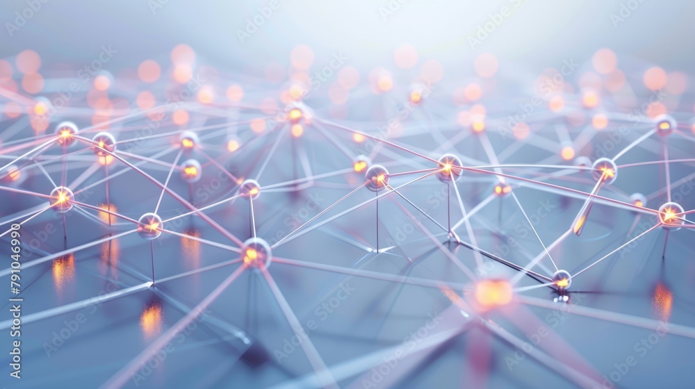 Abstract network connections with pastel nodes and delicate lines on a soft blue gradient ...