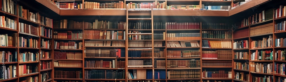 An expansive library scene, books strewn about, a tall ladder reaching ...