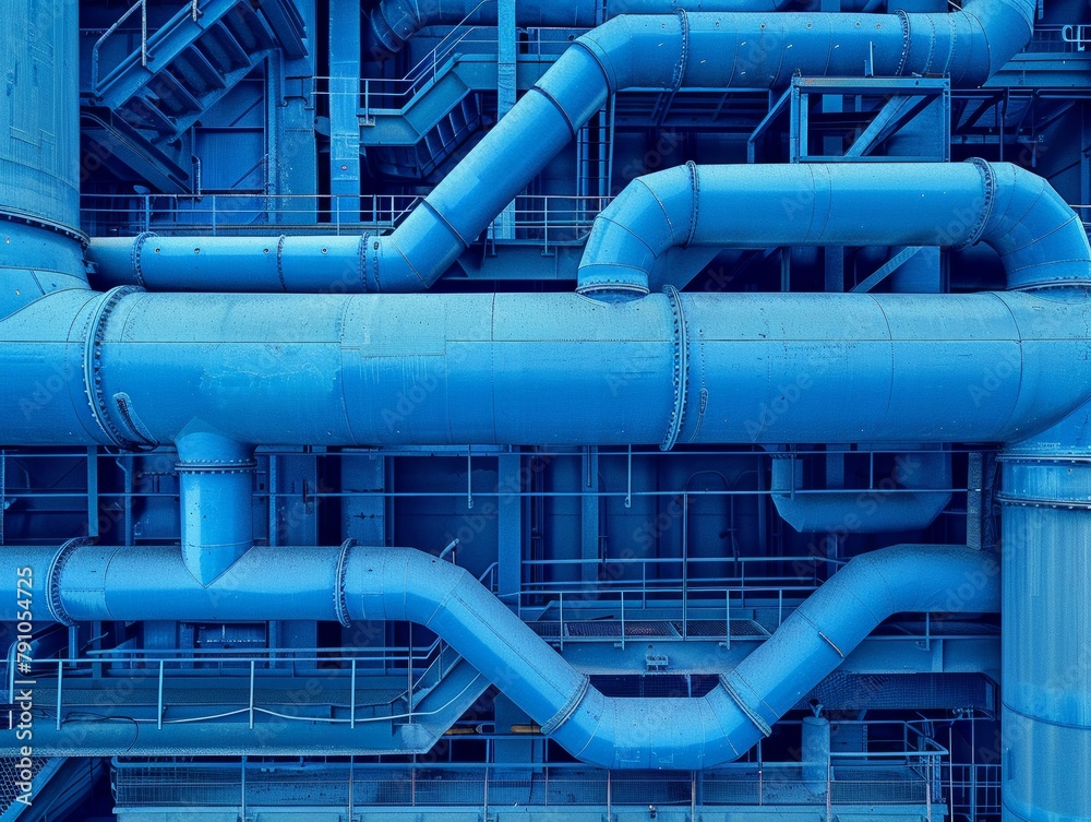 The intricate layout of blue pipes within an industrial facility ...