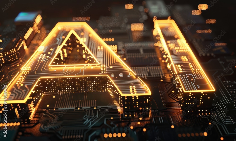 Advanced technology concept with glowing AI letters on a circuit board ...