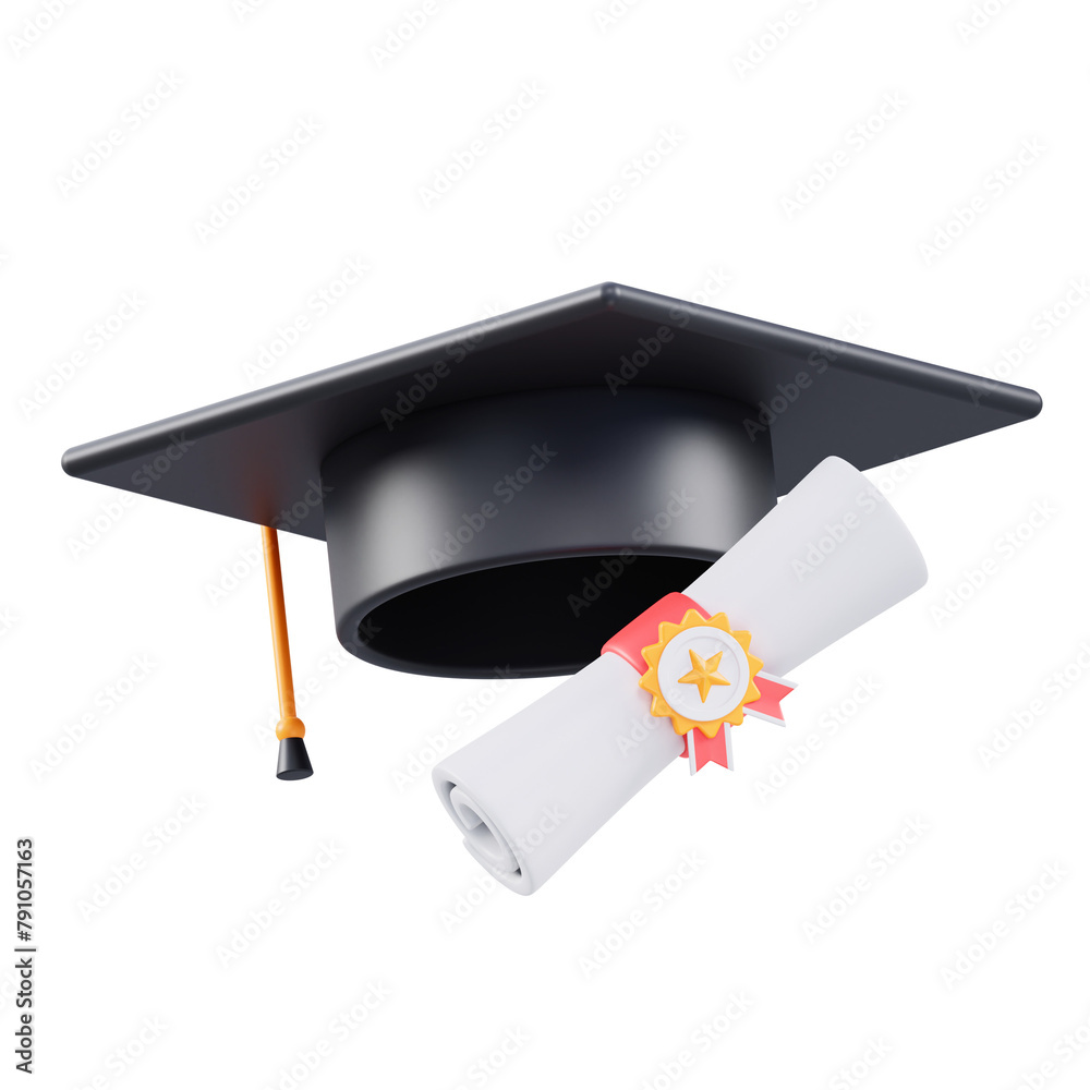 3D graduation cap and certificate on transparent background Stock ...