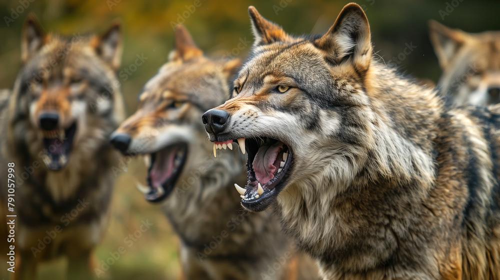 A wolf pack defending its territory with aggressive snarls and growls ...