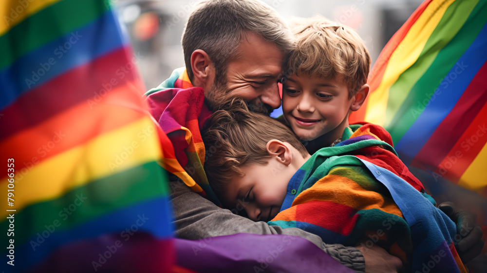 The celebration of pride month. A father hugs his children. Man hugging ...