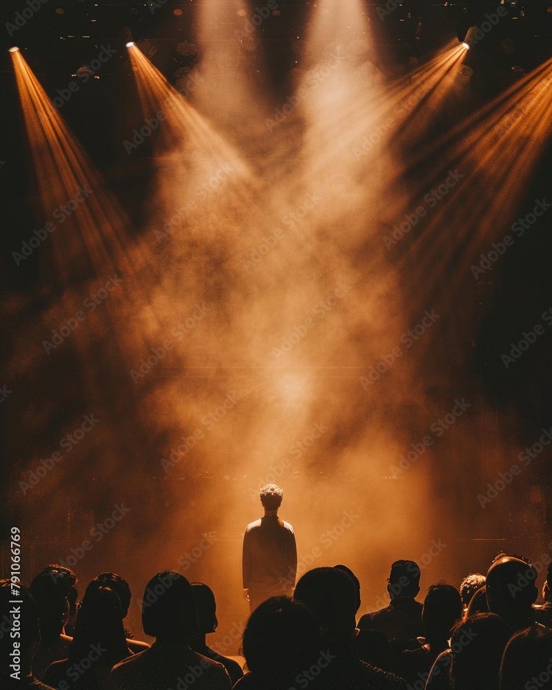 A solo performer stands on stage under a single spotlight, the audience ...