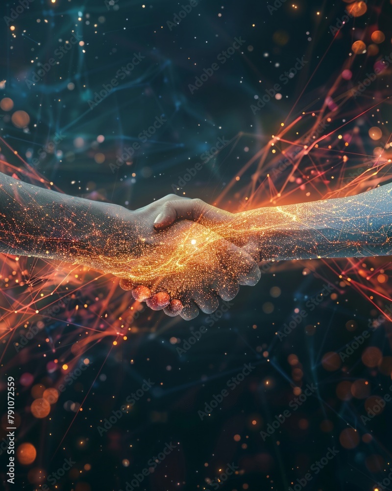 Energy flows between two hands in a handshake, symbolizing a powerful ...