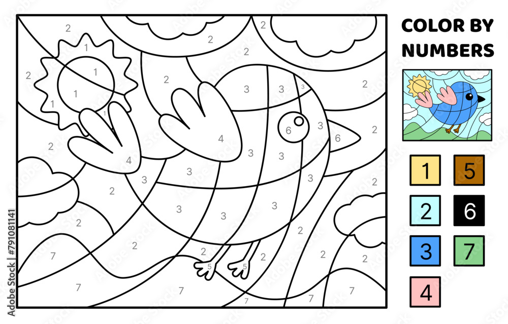 Color by number. Flying blue bird. Coloring page. Game for kids ...