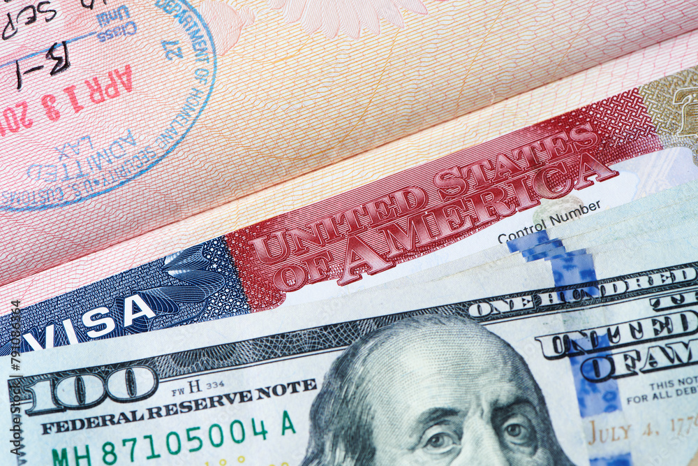 USA visa stamp in a passport and us dollar bills. Approved US visa for ...