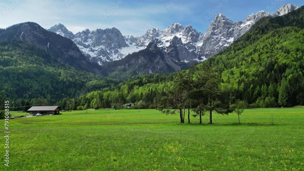 Aerial view of green pasture and breathtaking peaks of Triglav mountain ...