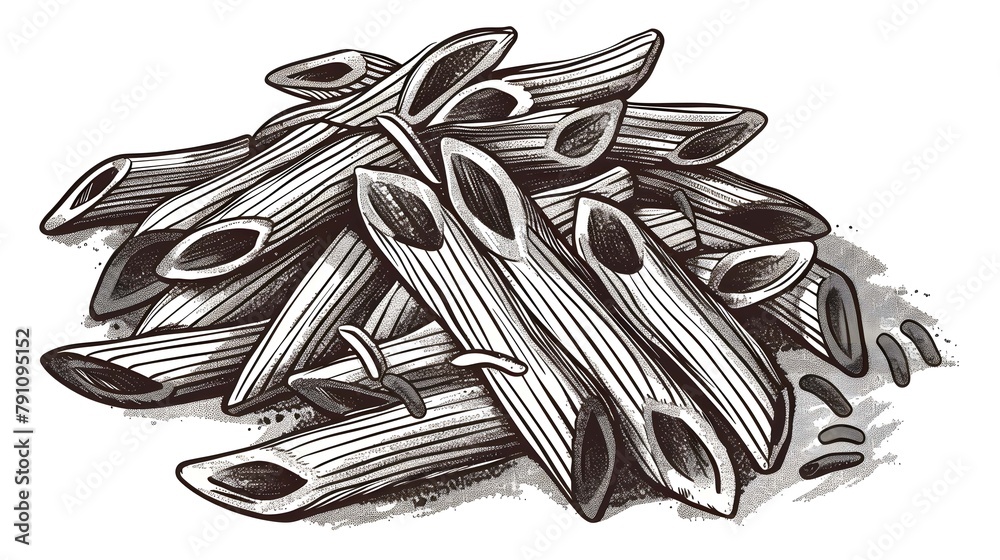 Penne rigate, pasta illustration, drawing, engraving, ink, line art ...