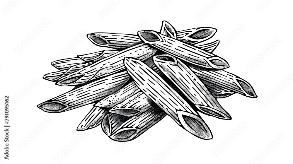 Penne rigate, pasta illustration, drawing, engraving, ink, line art ...