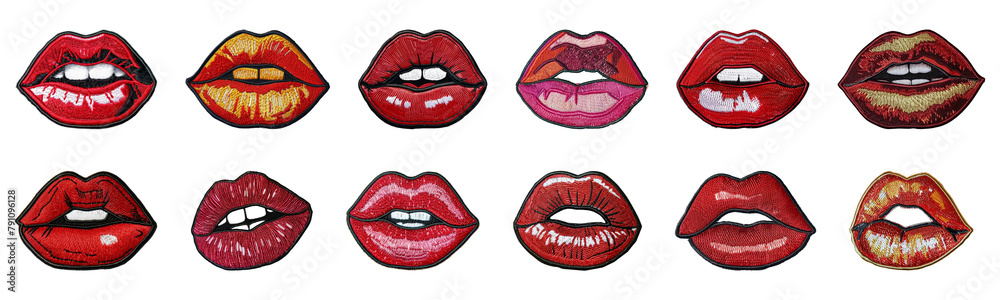 Diverse embroidered lips patches cut out png on transparent background ...