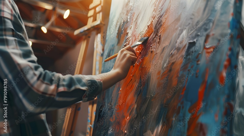 Female Artist Works on Abstract Oil Painting, Moving Paint Brush ...