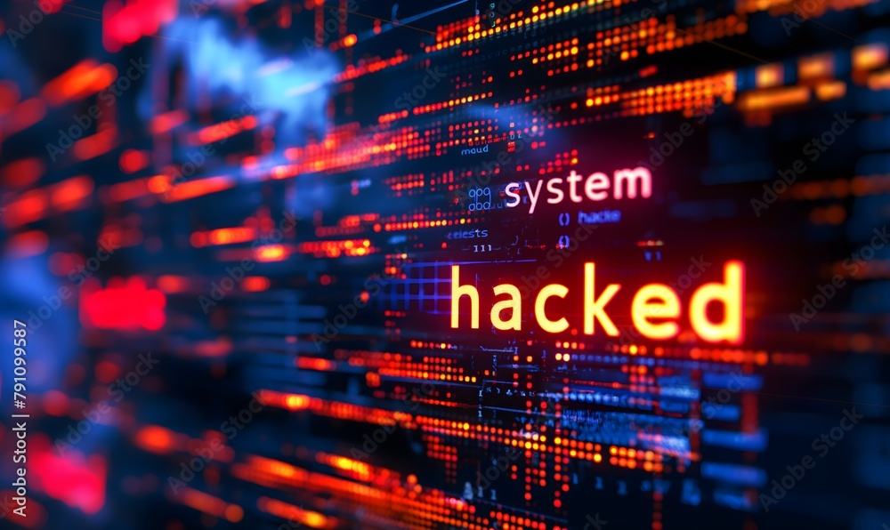 System hacking with info message "system hacked". Background with a ...