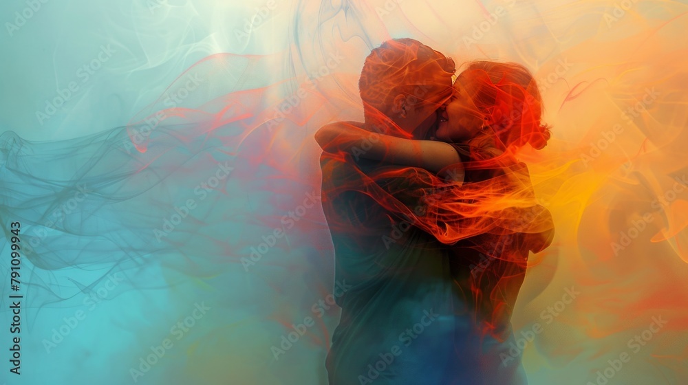 Embracing couple enveloped in swirling colors, a tender moment in a ...