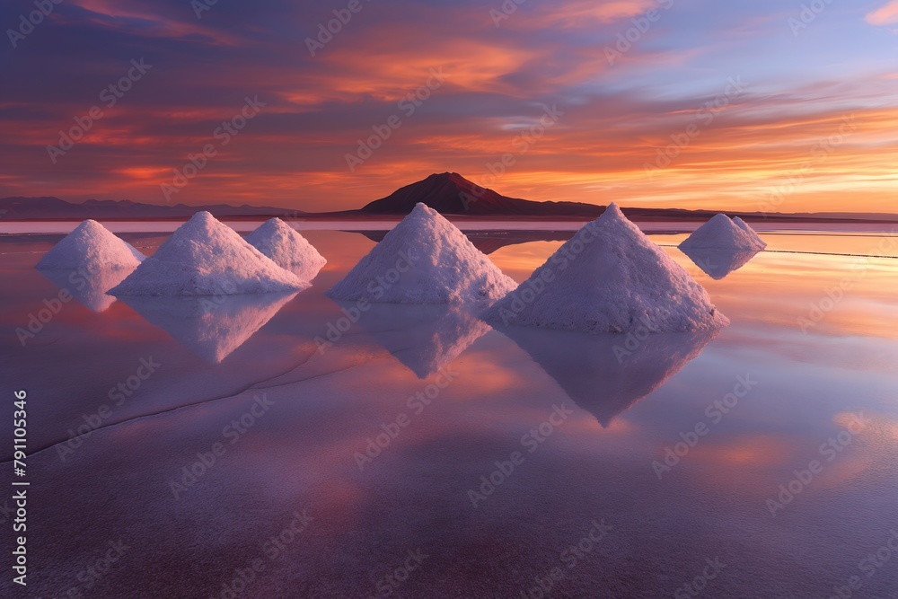 sulphuric salt desert in Uyuni, clear sky and calm waters reflect the ...