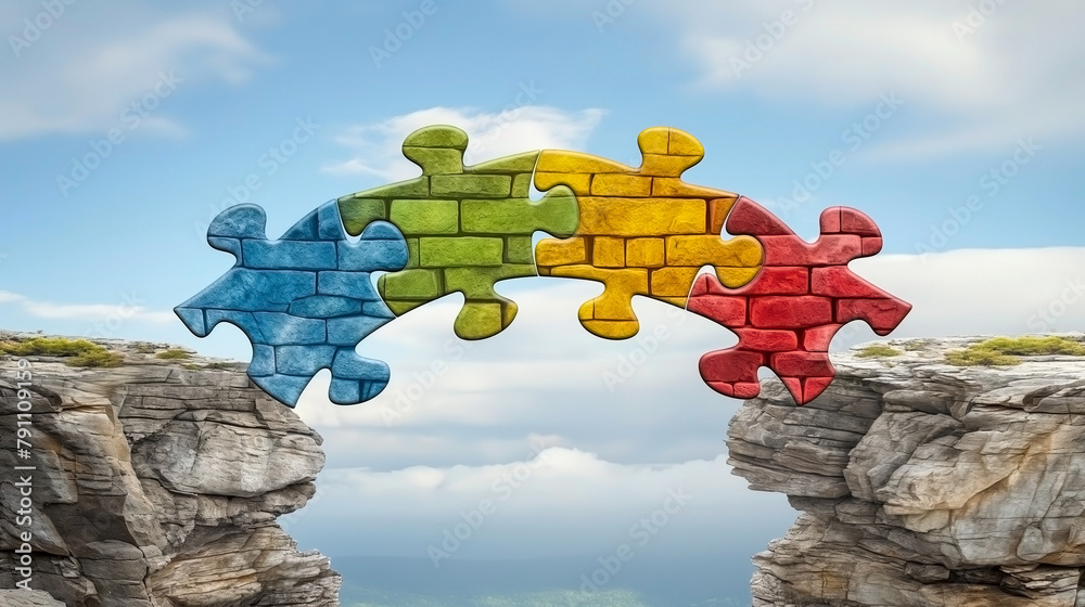 Interlocking puzzle pieces in vibrant colors forming a bridge across a ...