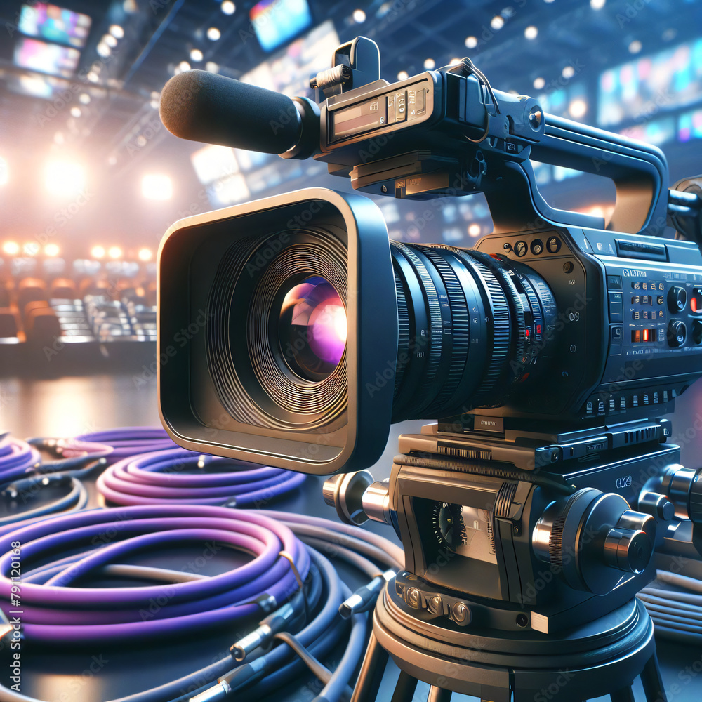 Professional broadcast camera in broadcast television studio, wit data ...