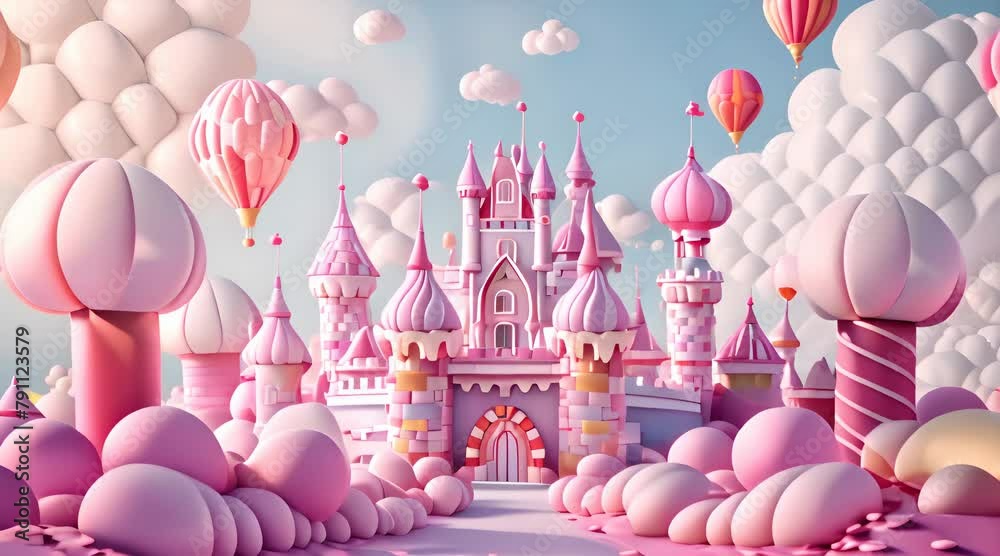 A sugary dreamland with pastel castle and candy trees under a blue sky ...